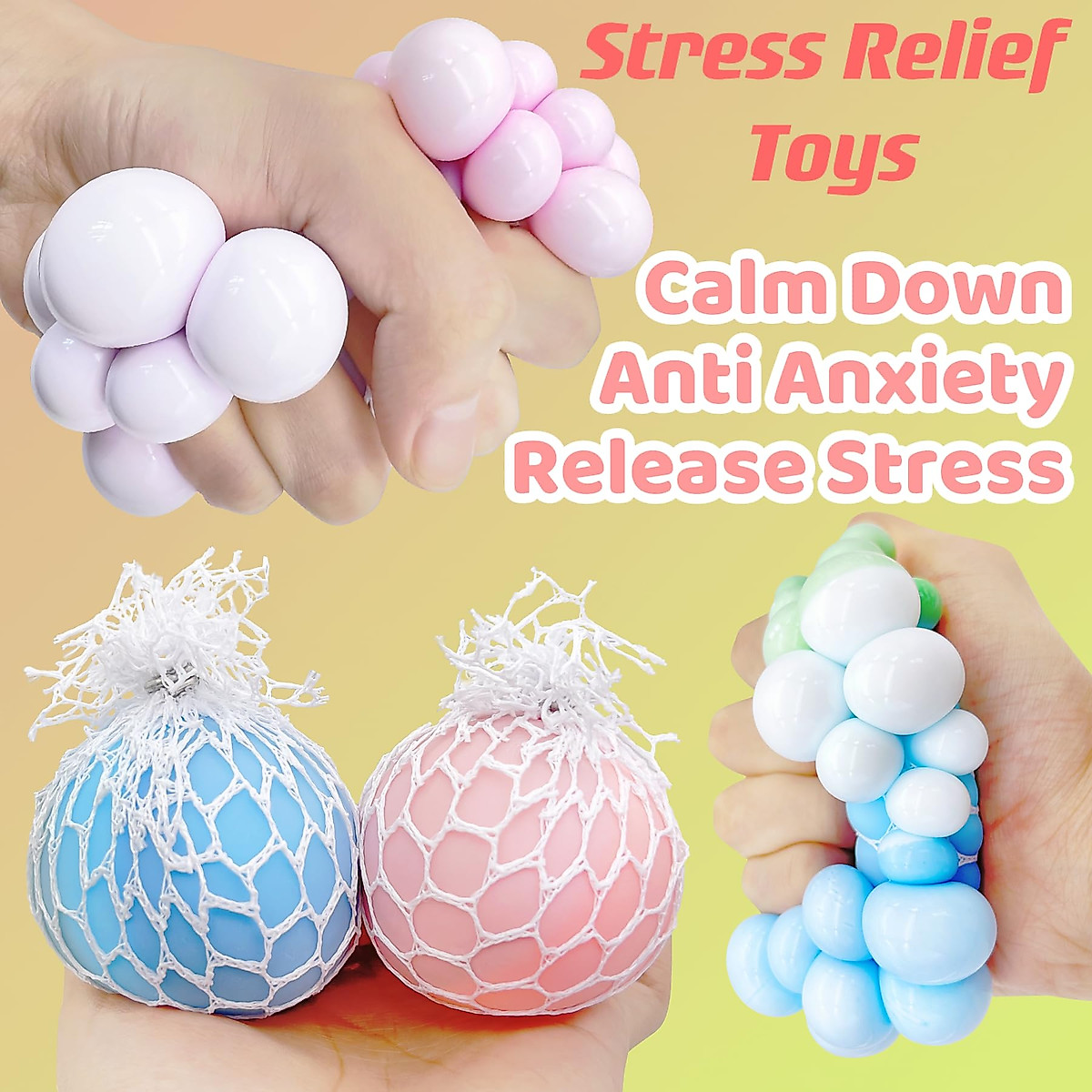 Stress Balls for Kids Fidget Toys Adults Mesh Grape Stress Ball (4Pack) Squishy Toys Fidget Squish Dough Ball Autism Sensory Toys for Autistic Children Stress Relief Toy Party Favors for 8-12