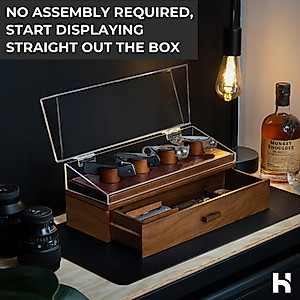 Showcase Your Knives with The Knife Deck Pro – Premium Pocket Knife Display Case for 6 Knives – Easy Access & Leather Lining – Drawer for Accessories – Wooden Pocket Knife Holder – Lifetime Assurance