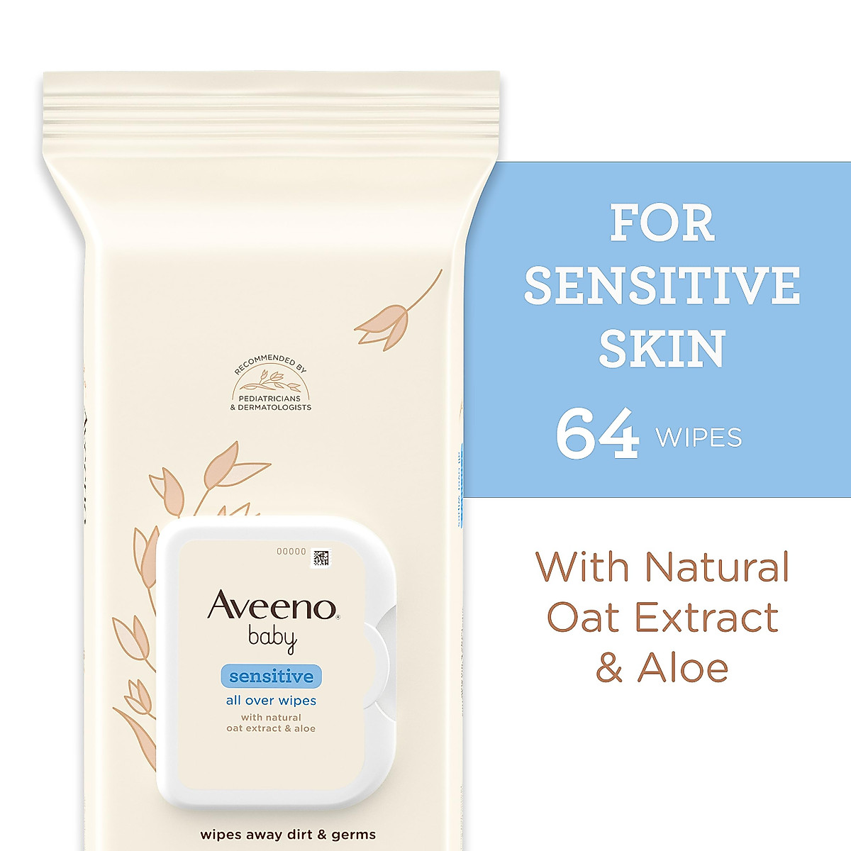 Aveeno Baby Sensitive All Over Wipes with Aloe & Natural Oat Extract for Face, Bottom, Hands & Body, pH-Balanced, Hypoallergenic, Fragrance-, Phenoxyethanol- & Alcohol-Free, 64 ct