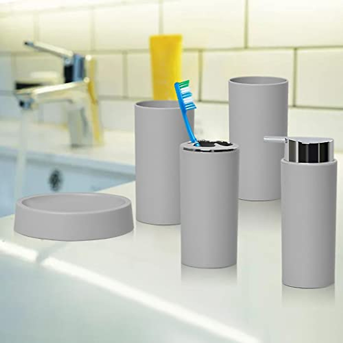 5Piece Bathroom Accessories Set Soap Dispenser Luxury Soap Dish for Office, Gray