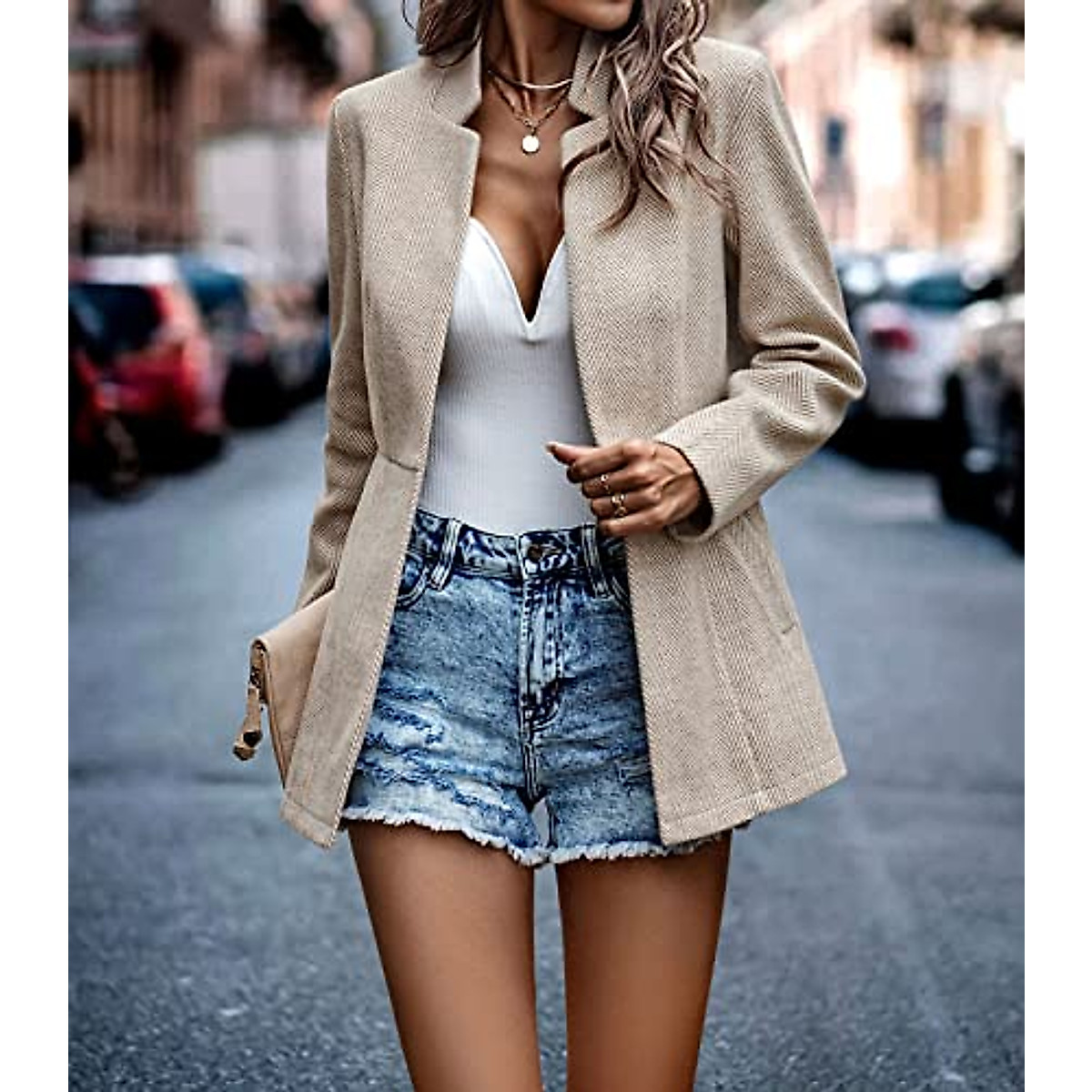 chouyatou Women's Casual Business Open Front Long Sleeve Notch Lapel Office Blazer Jacket (Medium, Apricot)