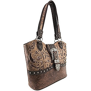 Justin West Gleaming Laser Cut Rhinestone Buckle Studded Concealed Carry Handbag Purse (Coffee Purse Wallet Set)
