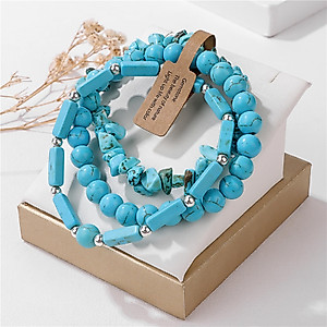 3Pcs Turquoise Bracelet for Women Boho Turquoise Bead Bracelet Natural Stone Beaded Stretch Bracelets Set Healing Crystal Bracelets Turquoise Jewelry for Women