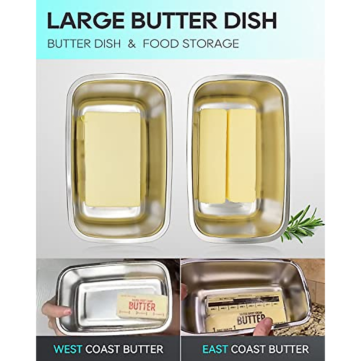 KEOAMG Butter Dish with Lid for Countertop, Large Stainless Steel Butter Dish Container with Silicone Seal for Refrigerator, Sturdy Butter Dish Keeper Holds 2 Sticks or a Normal 8oz European Butter