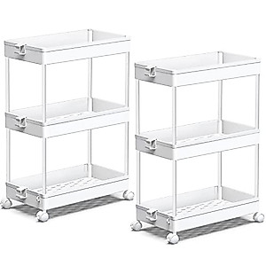 SPACEKEEPER Storage Cart 3 Tier Bathroom Storage Organizers, Rolling Utility Cart with Wheels Slide Out Storage Shelves Mobile Shelving Unit Organizer for Office, Bedroom, Laundry Room, White, 2 Pack
