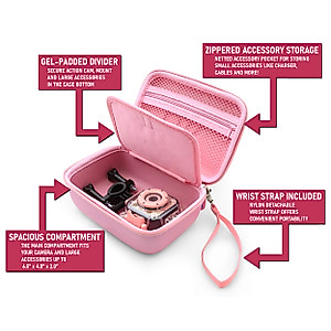 CASEMATIX Camera Travel Case Compatible with PROGRACE, Ourlife, Dragon Touch and More Waterproof Toy Camera Video Recorders - Pink Case for Toy Action Camera and Accessories