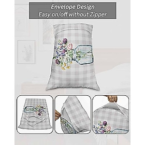 Edwiinsa Spring Floral Pillow Covers King Standard Set of 2 20x36 Bed Pillow, Summer Colorful Flower Beige Plaid Plush Soft Comfort for Hair/Skin Cooling Pillowcases with Envelop Closure
