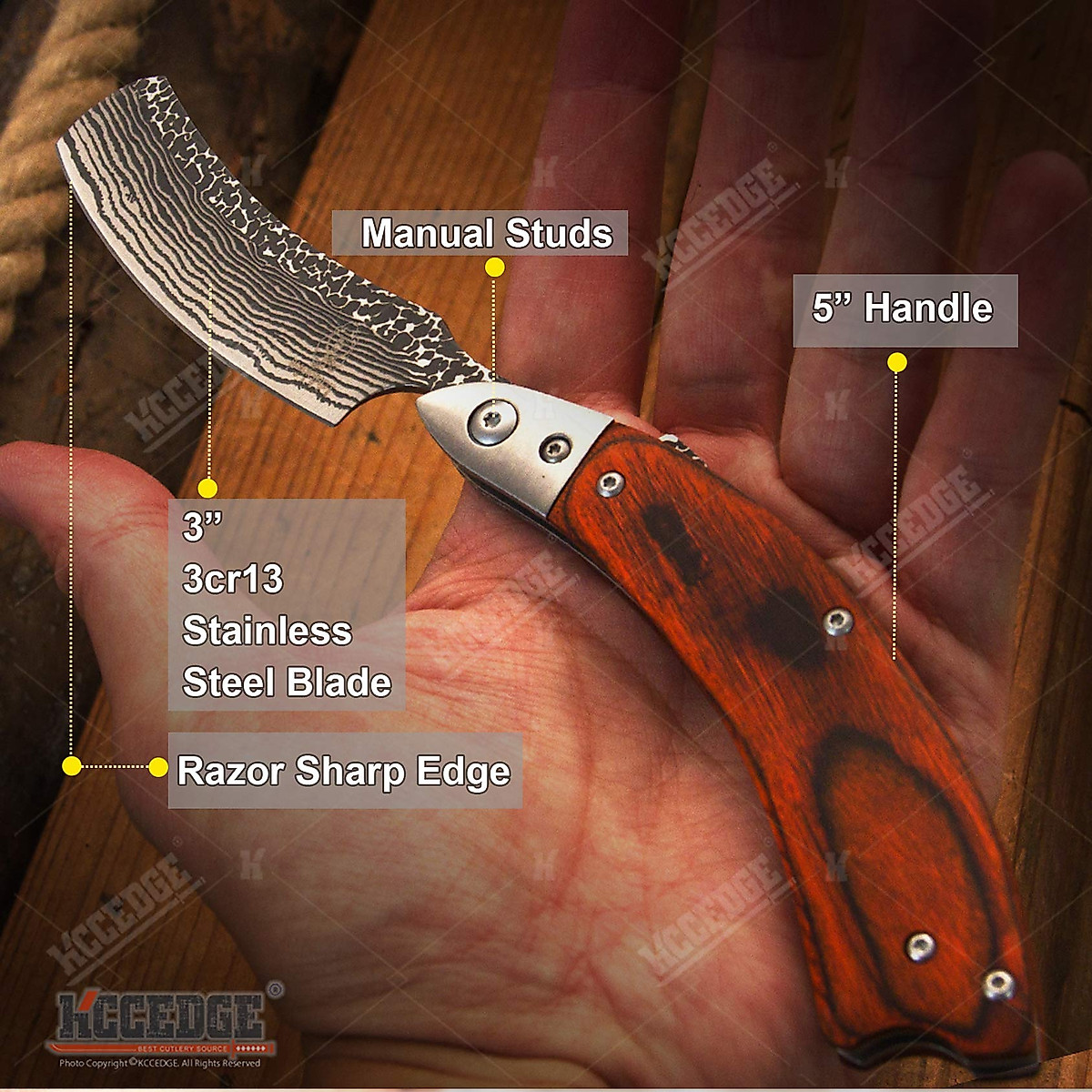 KCCEDGE BEST CUTLERY SOURCE EDC Pocket Knife Camping Accessories Razor Sharp Edge Folding Knife Camping Gear Survival Kit 57864 (Black Damascus Etched)