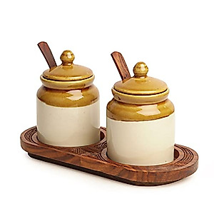 ExclusiveLane 'Old Fashioned' Ceramic Pickle Jar Set with Hand Carved Wooden Tray for Dining Table, Kitchen | Pickle Jars with Lids Indian Style, Achaar Storage, Set of 2 (230 ML)