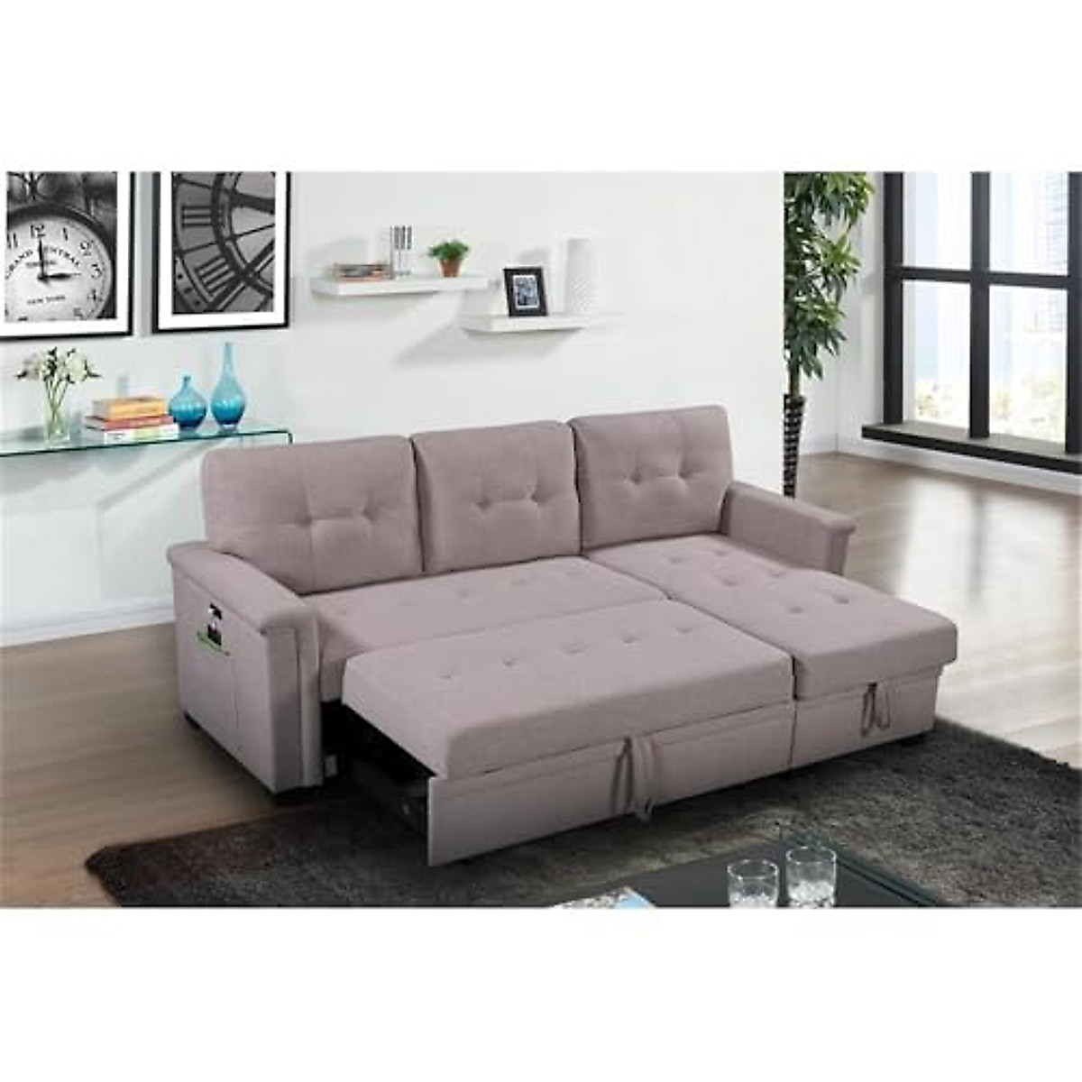 BOWERY HILL Light Gray Reversible Sleeper Sofa Storage Chaise USB Charging Port