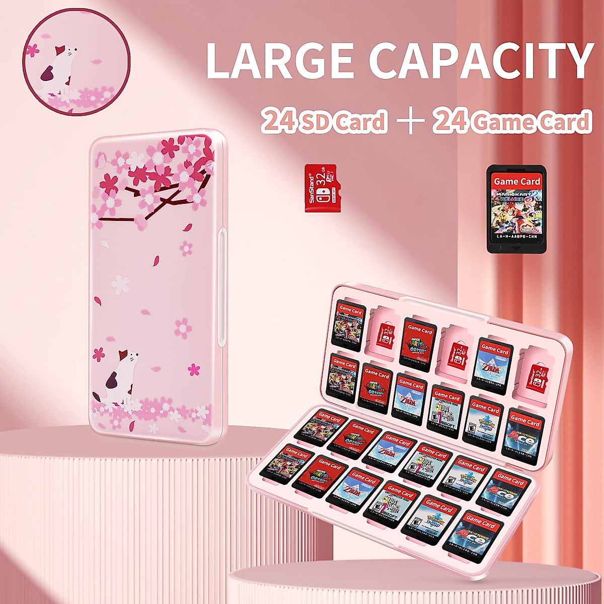 OLDZHU Cute Switch Case Holder Compatible with Nintendo Switch&Switch OLED, Pink Storage for 24 Game Cartridges and 24 Micro SD Cards