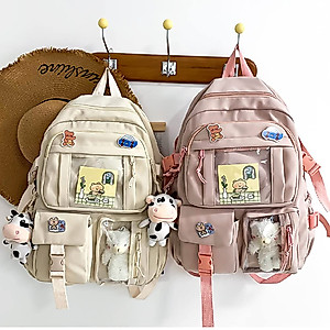 Thanps Kawaii Backpack with Cute Pin Accessories and Plush Pendant Cute Aesthetic Backpacks for School Bag Girl Backpack (Beige)