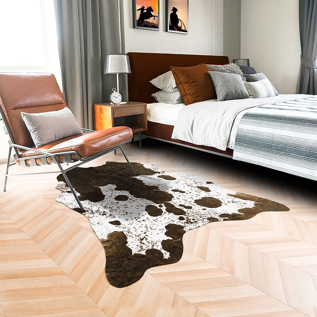 Rostyle Faux Cowhide Rug 3.6 x 2.3 Feet, Cute Cow Hide Rug for Living Room Bedroom Western Home Decor Faux Fur Cow Print Rugs White and Brown