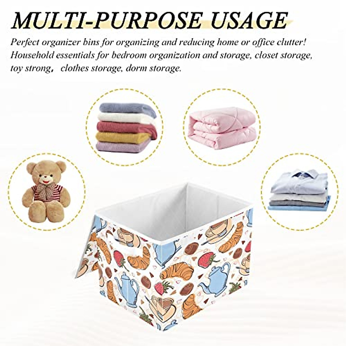 Storage Bins with Lids and Handles, French Breakfast Storage Box Storage Basket with Cover Collapsible Organizer Containers for Home Closet, Shelves, Toy, Nursery