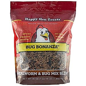 Happy Hen Treats Bug Bonanza, 30 Ounces, Chicken Treat Blend with Fly Larvae, Mealworms, Darkling Beetles, and Gammarus Shrimp