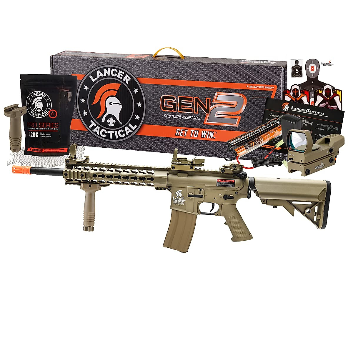 Lancer Tactical Gen 2 M4 Carbine 10'' Keymod Piactinny Polymer Airsoft Gun with Red Dot & Grip - Includes 9.6v Nimh Battery, Charger, and 1000 Rounds of 0.20g BBS