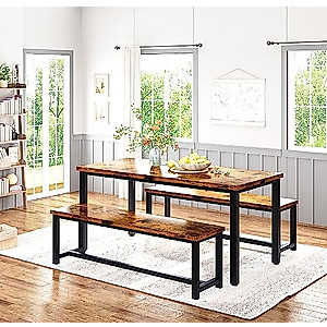 Recaceik 47” Dining Table Set with Benches, 3 Pieces Dining Room Table Set for 4, Wood Kitchen Table and Chair Set with Sturdy Frame, Space Saving Dinette Set for Breakfast Nook, Brown