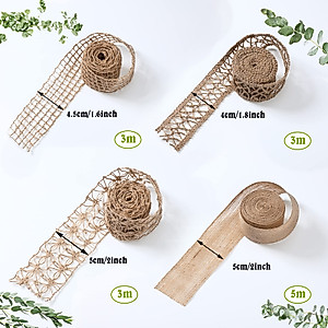 4 Rolls Burlap Ribbon Natural Jute Burlap Lace Mesh Weeding Trim Craft Wrapping Ribbon for Holiday Party DIY Handmade Artist Home Decor Packaging