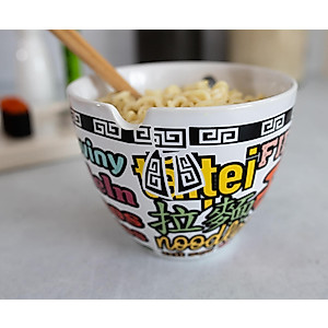 Bowl Bop Noodle Collage Japanese Ceramic Dinnerware Set | Includes 16-Ounce Ramen Noodle Bowl and Wooden Chopsticks | Asian Food Dish Set For Home & Kitchen | Kawaii Anime Gifts and Collectibles