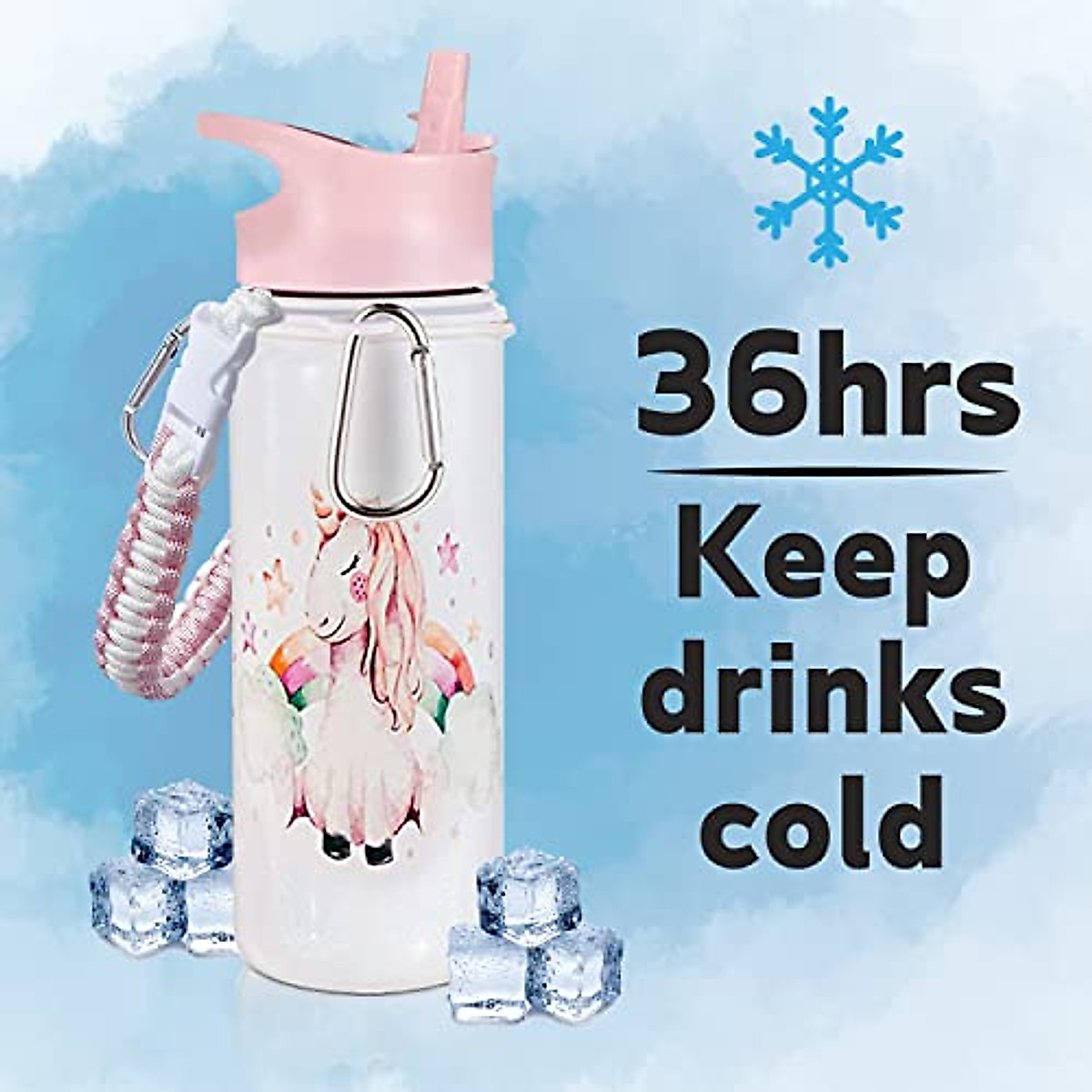 Unicorn Water Bottle, 18 OZ, Leak Proof, 36 Hours Cold, Dishwasher safe, Removable Handle, Wide Mouth Double Wall Vacuum Insulated Stainless Steel Water Bottle For School, Straw, Bottle For Girls