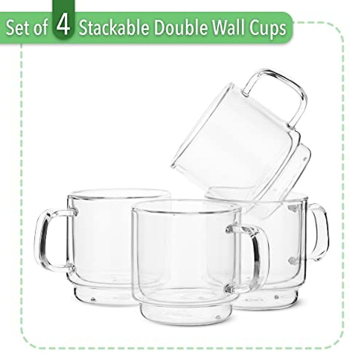 BTaT- Stackable Double Wall Glass Cups, Set of 4 (8 oz, 240 ml), Tea Cups, Glass Coffee Mugs, Cappuccino Cups, Latte Cups, Latte Mug, Clear Coffee Cup, Glass Tea Cups, Mother's Day Gift