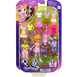 Polly Pocket Travel Toy with 3-inch Doll & 18 Accessories, Puppy & Flower-Themed Fashion Pack