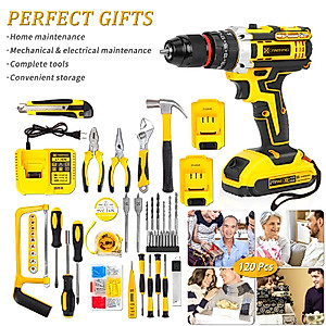 CANBRAKE 21V Tool Kit with Drill, 120PCS 21V Cordless Drill Set with 3/8" Keyless Chuck of Metal & 25+3 Clutch with Impact, 2 x 2.0Ah Battery & Fast Charger, Max Torque 45Nm, 2-Variable Speed