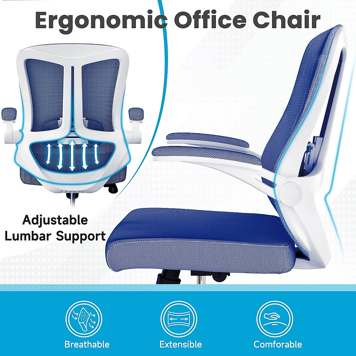 SICHY AGE Home Office Desk Chairs, Ergonomic Office Chair with Lumbar Support and Flip-Up Armrests, Mesh Back Office Swivel Chairs with Thickened Cushion and Adjustable Headrest, Blue