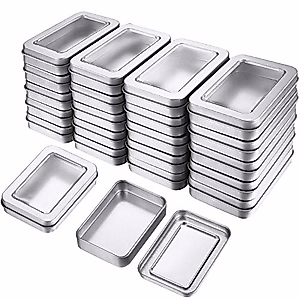 TecUnite Metal Tin Box Metal Tins With Lids Clear Top Tins Box Empty Storage Tins Case Rectangle Containers Can with Large Clear Window for Candles, Candies, Gifts, Balms and Treasures, Silver(48 Pieces)