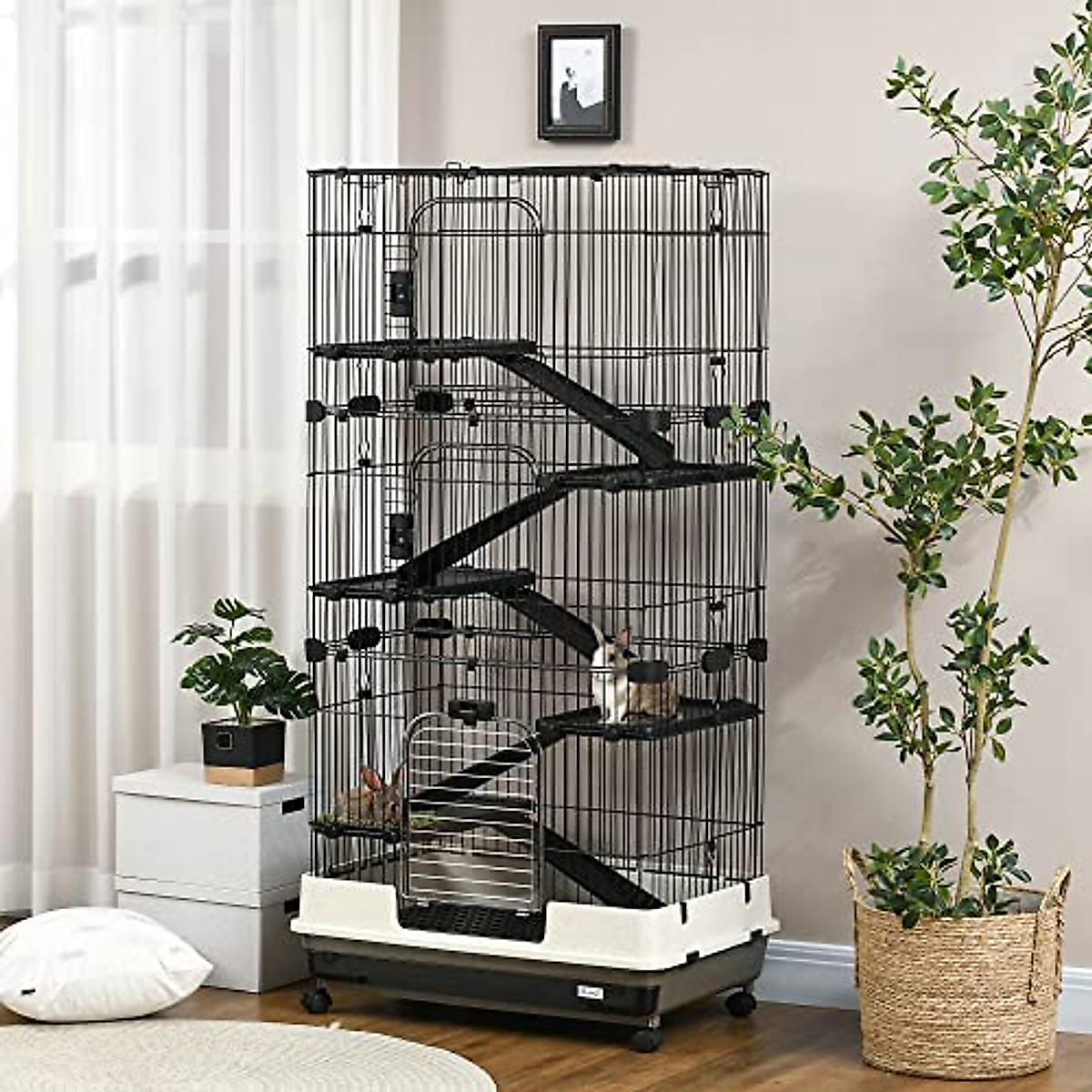 PawHut 60" Small Animal Cage with Wheels, 6-Level Portable Bunny Cage, Chinchilla Ferret Cage with Removable Tray, Platforms and Ramps, Black