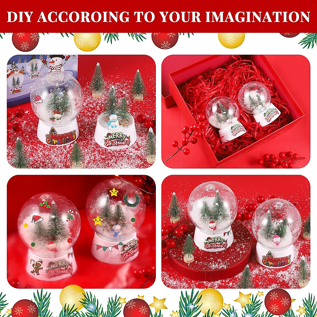 6 Pieces 4 Inch Plastic Snow Globes Clear Water Globes with Screw Off Cap DIY Snow Globes Water Globe Jar with Christmas and Diamond Sticker for DIY Crafts Home Decoration