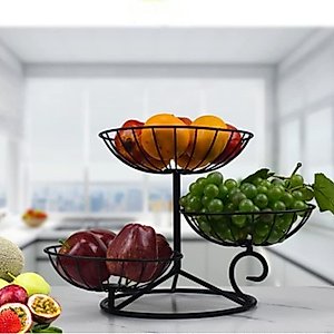 Fruit Plate Stand, 3 Plates Fruit Bowl Fruit Tiered Tray Metal Fruit Basket Countertop Fruit Snack Candy Storage Basket for Counter Kitchen Organizer (Black)