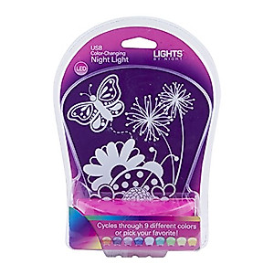 Lights By Night Color-Changing Table Top Lamp Nightlight, Flowers and Butterflies, USB Powered, 9 Multi-Colored 3D Options, Always On/60 Minute Time-Out Feature, Colorful, Pink Acrylic Base, 32917
