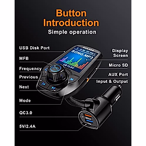Bluetooth FM Transmitter in-Car Wireless Radio Adapter Kit W 1.8" Color Display Hands-Free Call AUX in/Out SD/TF Card USB Charger QC3.0 for All Smartphones Audio Players - RM100 Black