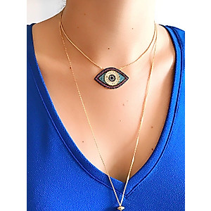 LESLIE BOULES Evil Eye Necklace for Women 18K Gold Plated Sliding Chain Protection Jewelry (FASHION)