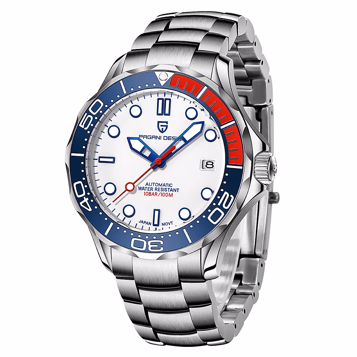 Pagani Design 007-Model Automatic Diving Watches for Men NH35 Movement, Stainless Steel Materials, Rotating Ceramic Bezel, Sapphire Domed Mirror, 100M Waterproof Mechancial Self Winding Wrist Watch