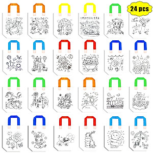 24 Pieces Cute Coloring Goodie Bags Birthday Reusable Party Favor Bags Cartoon Carnival Animals Craft Bags Color Your Own Bag for DIY Painting Birthday Party Gifts or Art Party Favors Supplies
