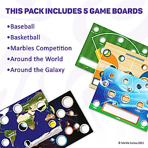 Marble Genius Flying Marbles Expansion Pack - 5 Boards + 100 Trivia Cards Set, Experience The Thrill of Racing, Includes an App with Additional Challenges That is Perfect for Kids, Teens, and Adults