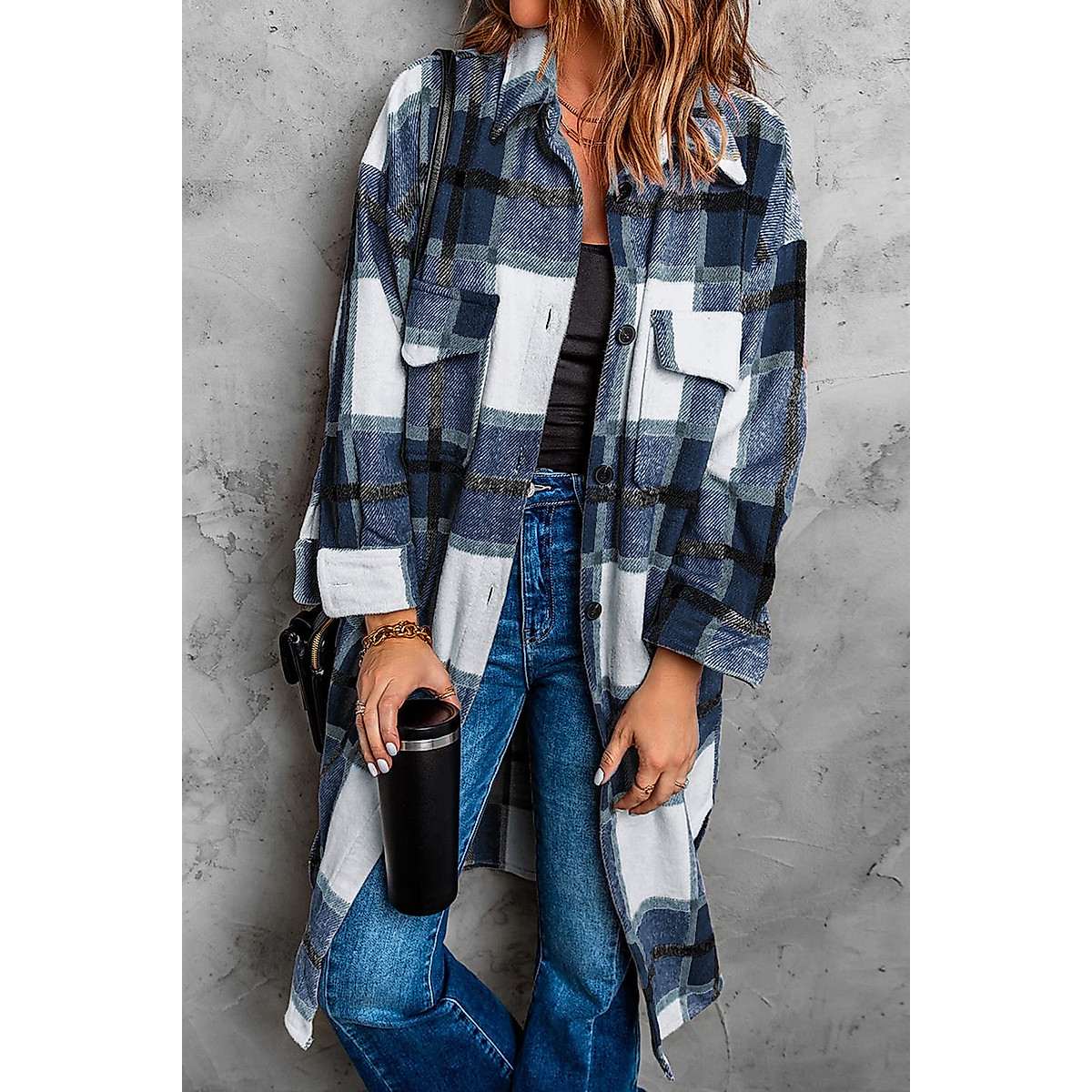 PRETTYGARDEN Women's 2024 Plaid Shacket Jacket Long Sleeve Button Down Shirts Fashion Winter Wool Coats (Navy,X-Large)