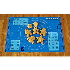 Maker Baker Blue Silicone pastry & baking mat | non-stick non-slip mat | Extra Large Convenient Measurements Imperial & Metric units |Excellent for rolling dough | Food safe BPA free non-toxic