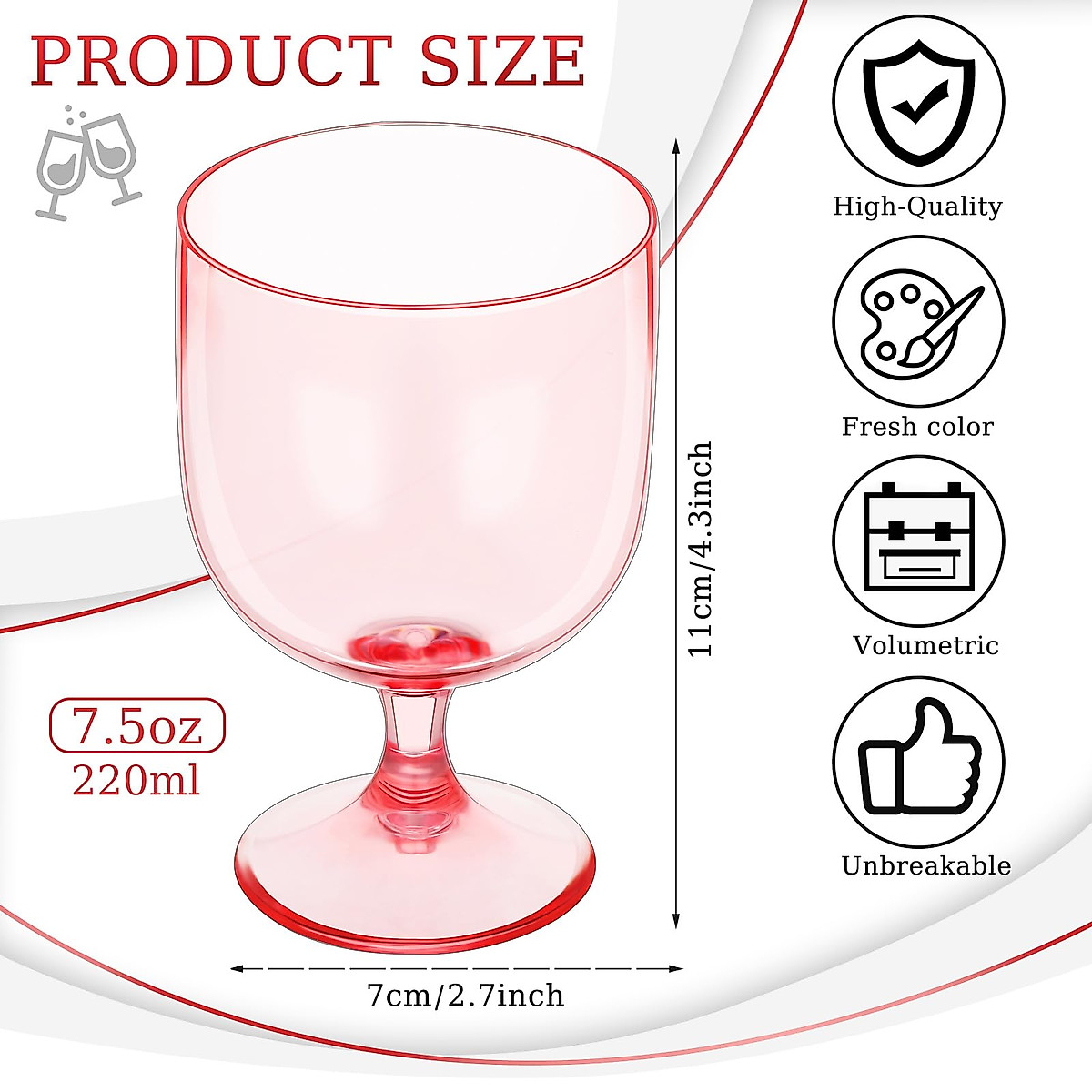 Bokon 16 Pack Plastic Wine Glasses 7.5 oz Wine Glass with Stem Reusable Unbreakable Wine Cups Champagne Goblets Shatterproof Cocktail Drinkware for Wedding Party Indoor Drinking(Pink)