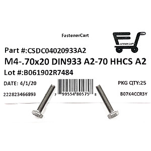 M4-.70 X 20 Hex Head Cap Screw Hex Bolts DIN933 (M4x20) Full Thread A2-70 Stainless Steel (25 Pieces)