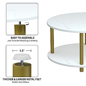 Round Coffee Table for Living Room，31.5’’ 2 Tier Modern Gold Coffee Table with Open Storage Shelf,Gold Metal Legs and White Faux Marble Table Top