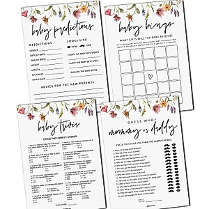GardenCity Baby Shower Games Set for 25 Guests - 4 Fun Activities, Baby in Bloom/Floral Theme, 50 Double-Sided Cards (Wildflower)