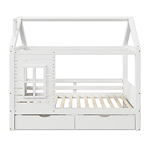 Aoowow Twin Size Kids House Bed with 2 Drawers, Wooden Platform Twin Bed Frame with Window and Roof for Bedroom, Modern Twin Size Kid Playhouse Bed with Slats for Boys Girls, Can be Decorated, White