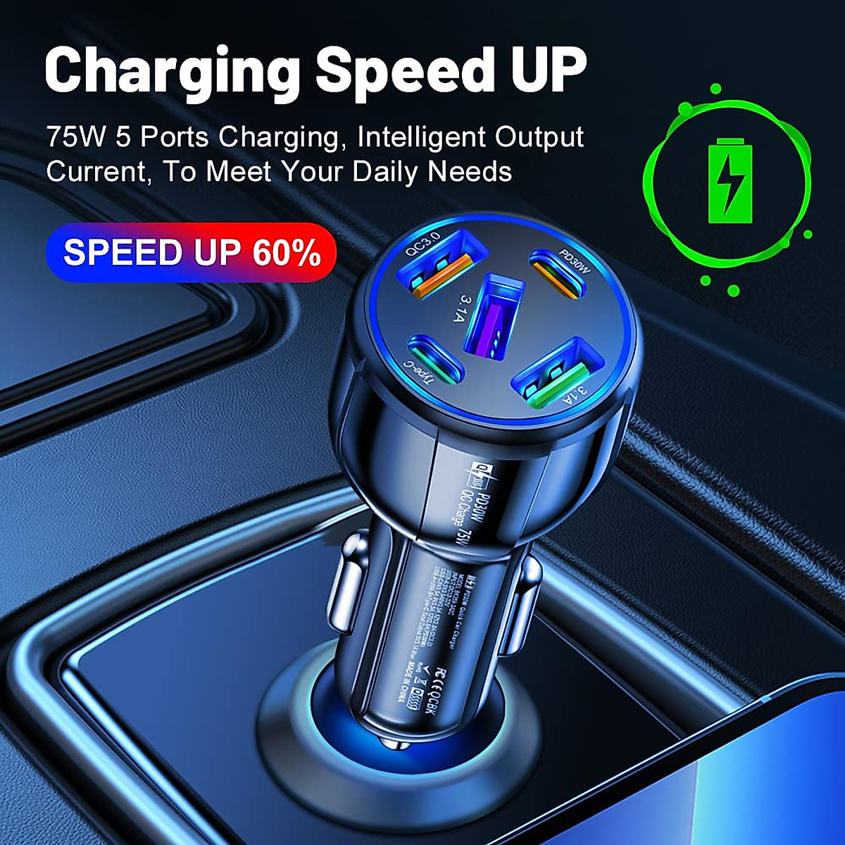 75W Ultra-Fast Car Charger, 30W/QC3.0/Type C 5-Port Smart Shunt 12 Volt Car Adapter Cigarette Lighter USB Charger Compatible with iPhone 14 Pro MAX/13,MacBook Pro,iPad Pro (3USB+2PDBlack)