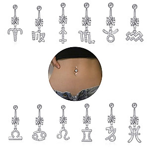 14G Dangle Belly Zodiac Signs Button Ring Silver Plated Clear CZ Zircon Stainless Steel Cute Belly Piercing Jewelry Pisces