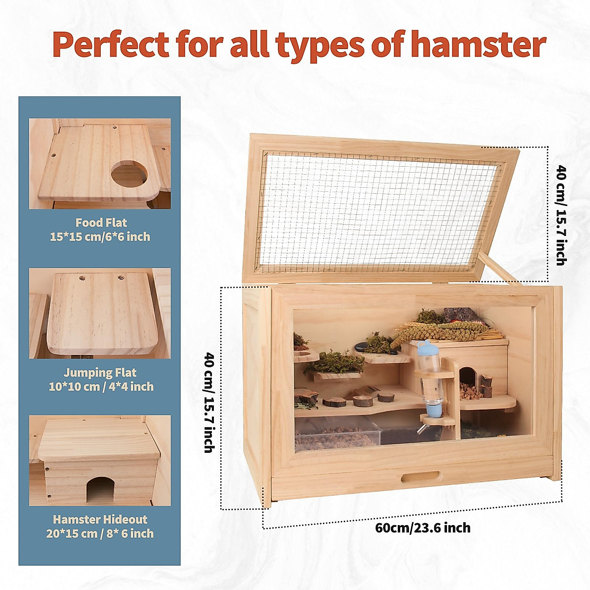 Wooden Hamster Cage and Hideout (23.6" L x 15.7" W x 15.7" H) for Small Animal, Syrian Hamster, Guinea Pig, Gerbil, 2-Tiers with Shelf and Ladder, Waterproof Pull-Out Tray, Natural Wood