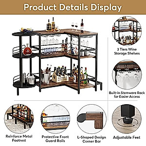 Tribesigns Industrial Home Bar Unit, 3-Tier L-Shaped Liquor Bar Table with Storage and Footrest, Corner Wine Bar Cabinet Mini Bar for Liquor and Glasses for Home Kitchen/Living Room/Pub