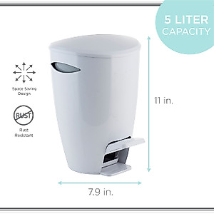 Bath Bliss 5 Liter Step Pedal Trash Bin | Soft Close Lid | Hands Free | Small Waste Basket | Garbage Can | Contemporary Design | Bathroom | Office | Dorm | White